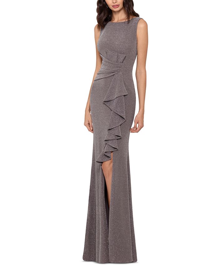 Betsy & Adam Women's Sleeveless Cascade-Front Glitter Gown - Macy's