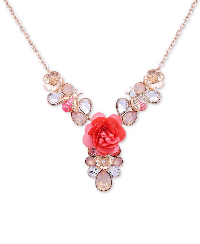 GUESS Crystal Flower & Bee Statement Necklace, 16" + 2" extender - Macy's