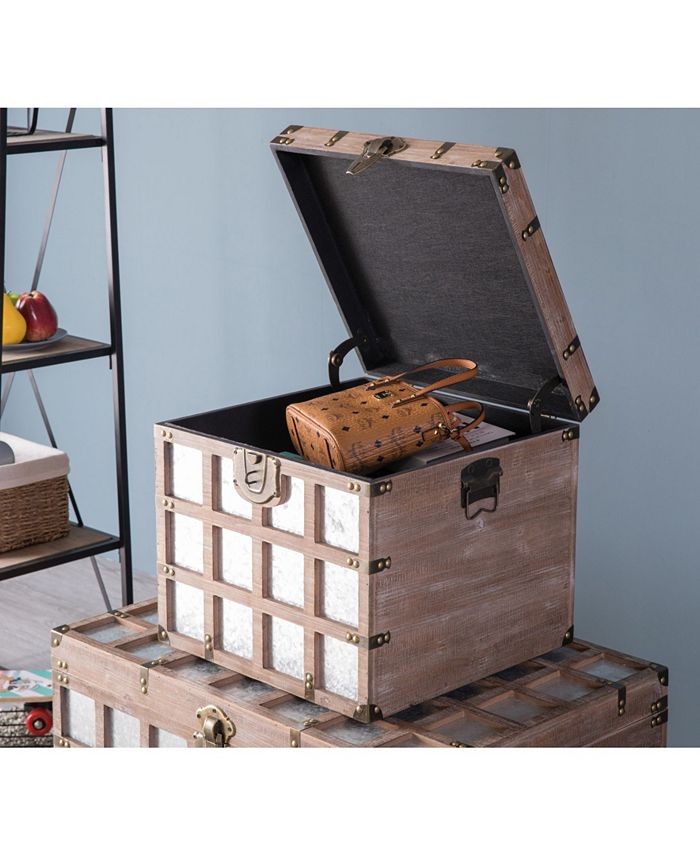 Vintiquewise Wooden Square Galvanized Metal Lined Storage Trunk, Set Of ...