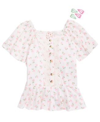 Belle du Jour Big Girls Flutter-Sleeve Floral-Print Top & Barrettes ...