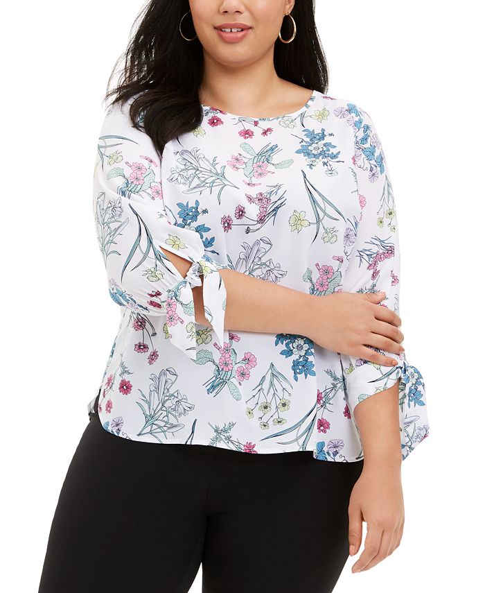 Nine West Plus Size Floral-Print Tie-Cuff Top - Macy's