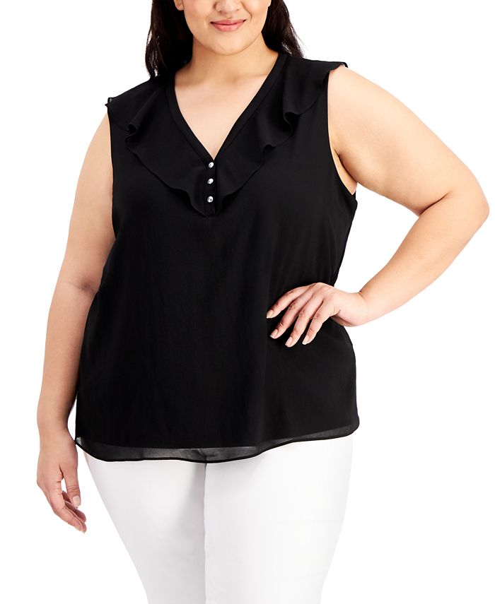 Calvin Klein Plus Size Ruffled V-Neck Chiffon Top - Macy's