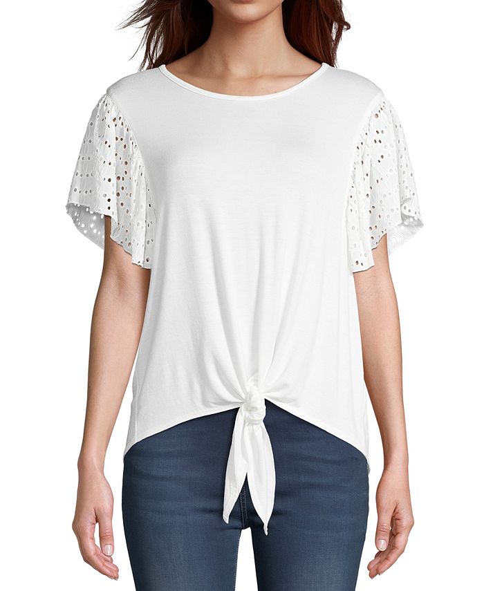 John Paul Richard Petite Eyelet-Sleeve Tie-Hem Top - Macy's