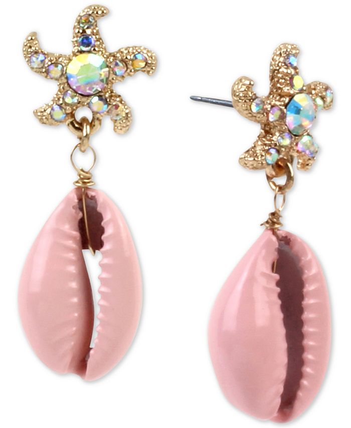Betsey Johnson Gold-Tone Crystal Starfish and Puka Shell Drop Earrings ...