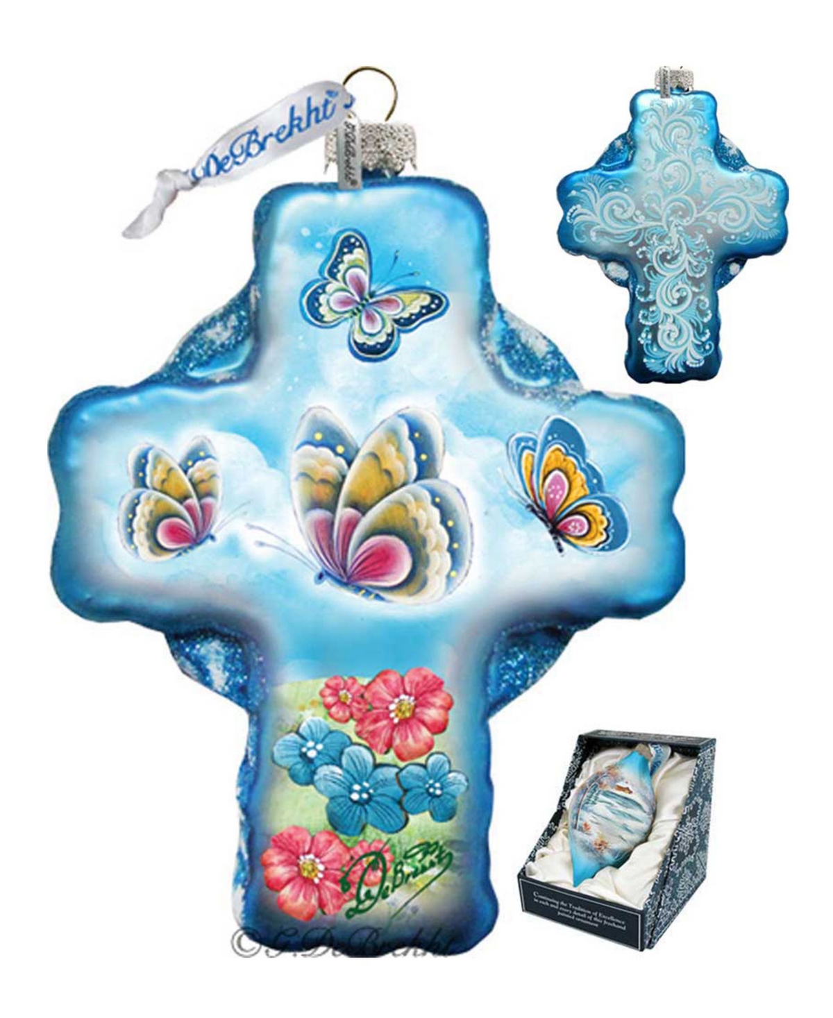 Click here for G.DeBrekht Blue Butterflies Cross Glass Ornament -... prices