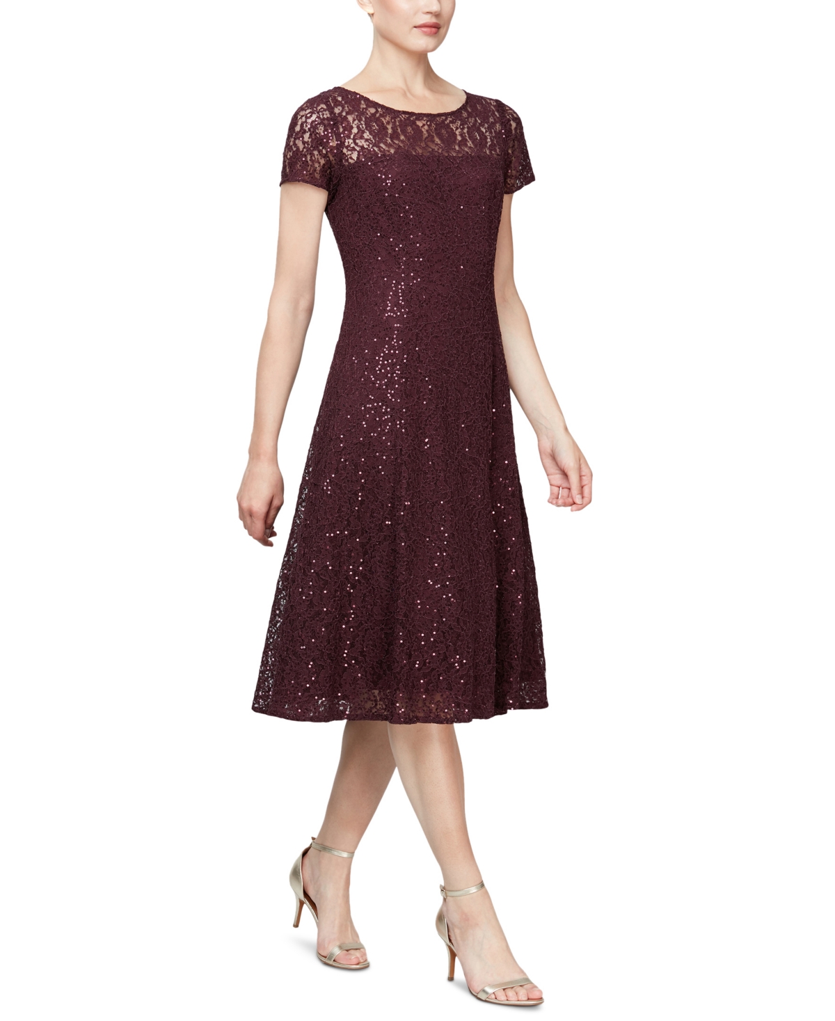 Click here for Sl Fashions Sequined Lace Midi Dress - Fig prices