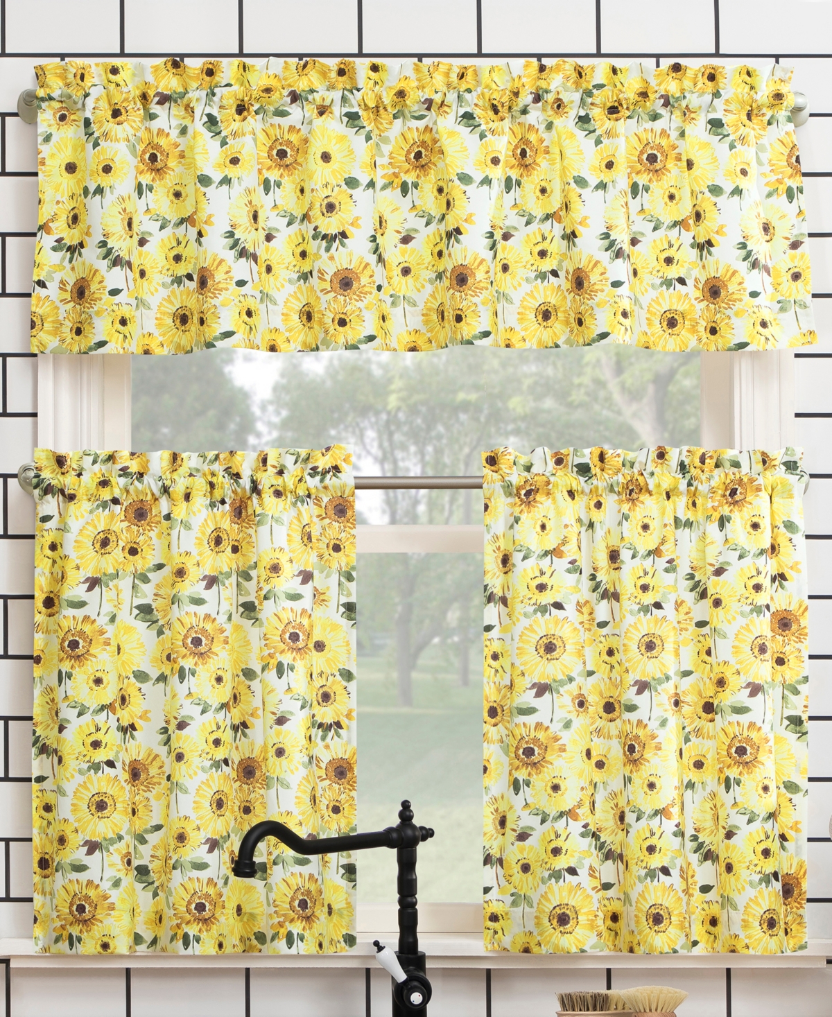 Click here for Sunny Sunflower Print Semi-Sheer Rod Pocket Kitche... prices