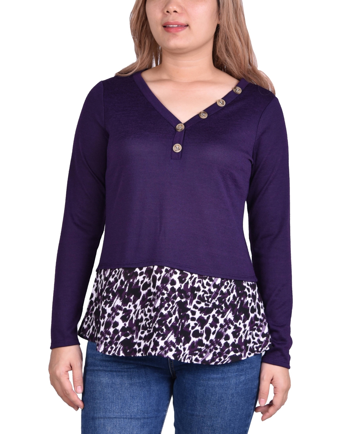 Click here for Womens Hacci Top with Printed Hem Inset - Eggplant... prices