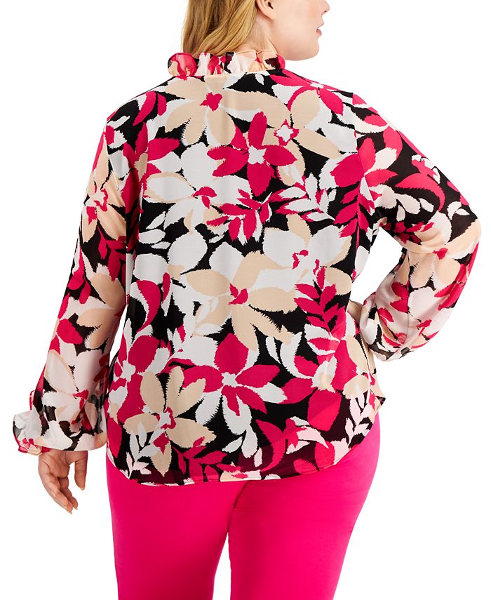 Calvin Klein Plus Size Floral-Print Ruffled V-Neck Top - Macy's