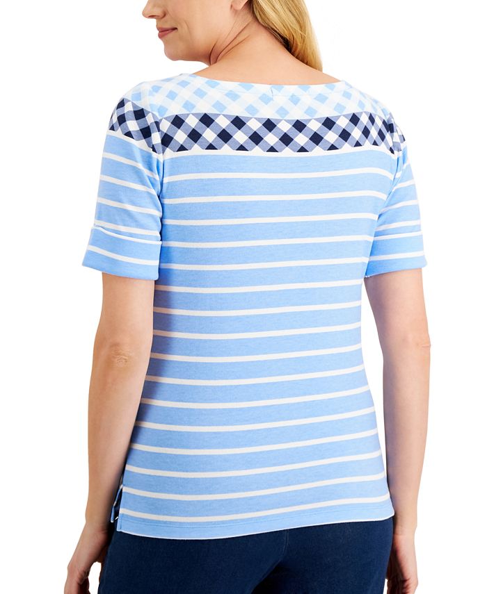 Karen Scott Striped Gingham Elbow Sleeve Top Created For Macys Macys