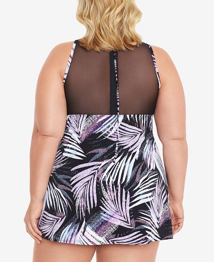 Swim Solutions Plus Size Sprinkle Leaf High-Neck Tummy-Control Mesh ...
