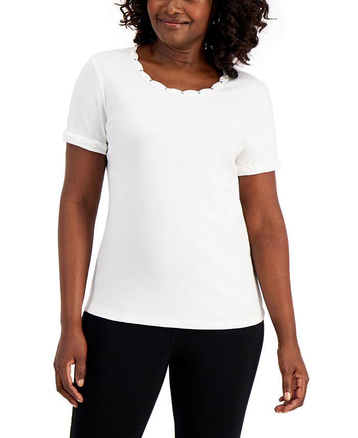 Karen Scott Cotton Braided Studded Top, Created for Macy's - Macy's