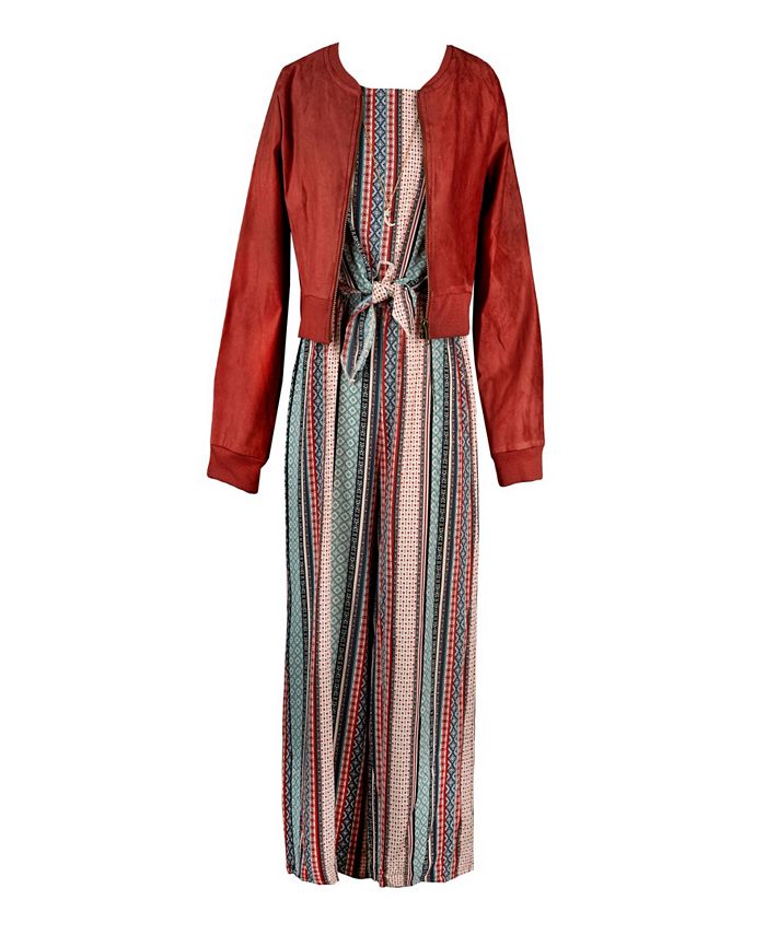 Beautees Big Girls Bomber Jacket and Tie Front Jumpsuit Set - Macy's