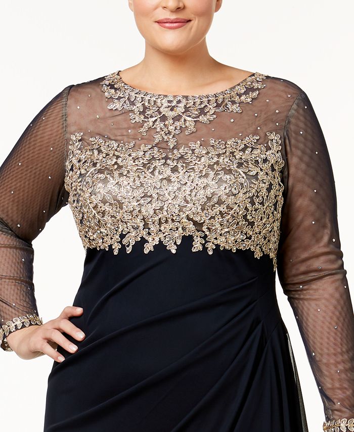 XSCAPE Plus Size Embroidered Illusion Gown - Macy's