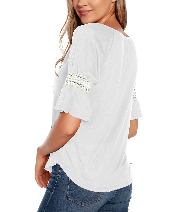 Belldini Black Label Embroidered Puff Sleeve Top with Ties at Neck ...