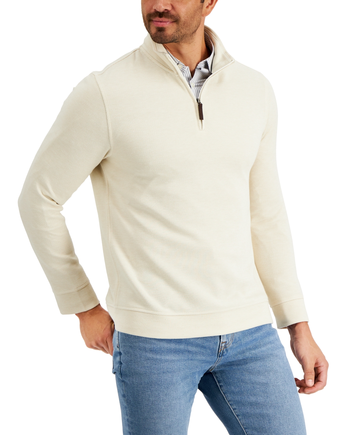 Click here for Club Room Mens Birdseye Quarter-Zip Pullover  Crea... prices