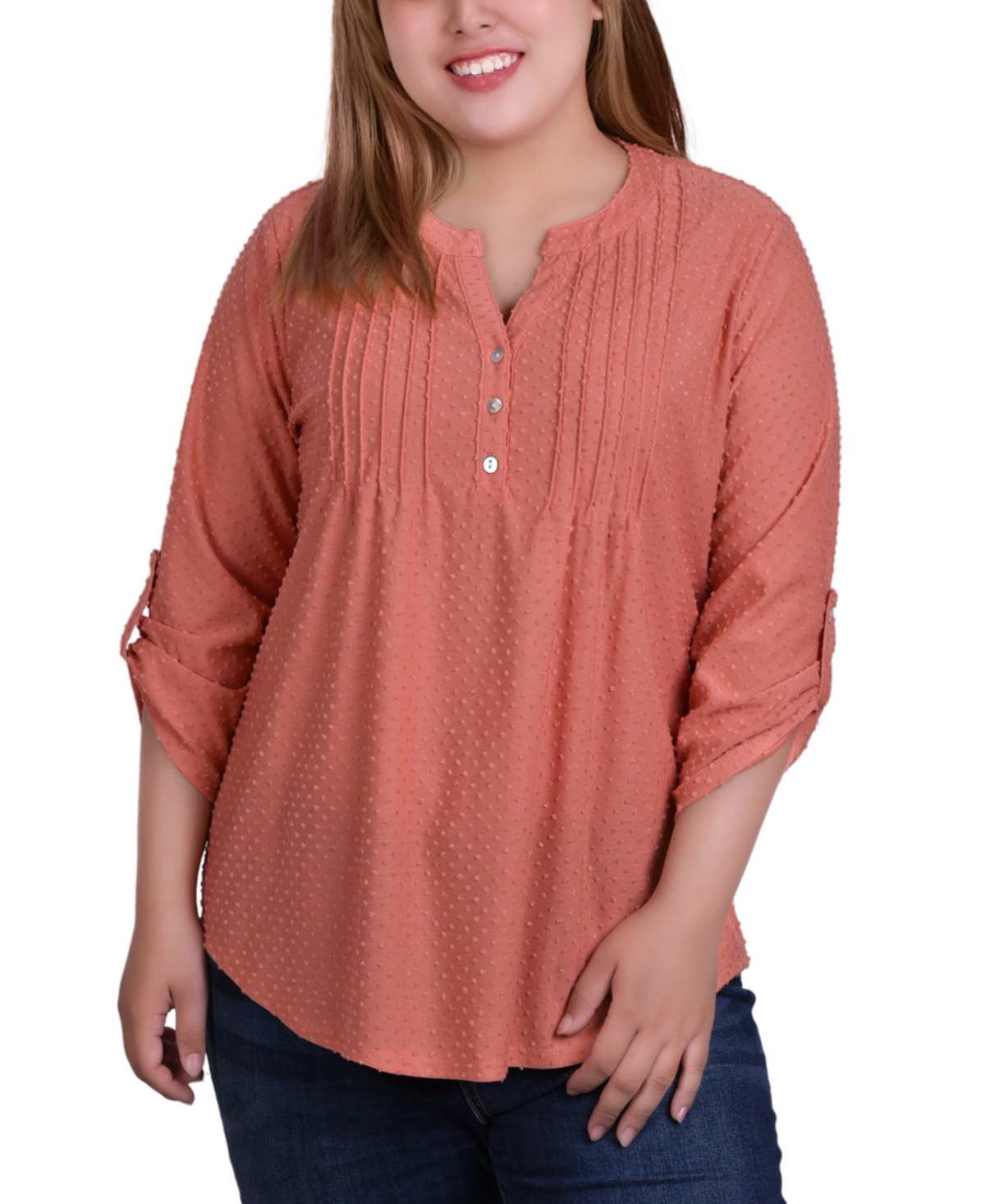 Click here for Plus Size 3/4 Tab Sleeve Y-Neck Blouse - Tawny Ora... prices