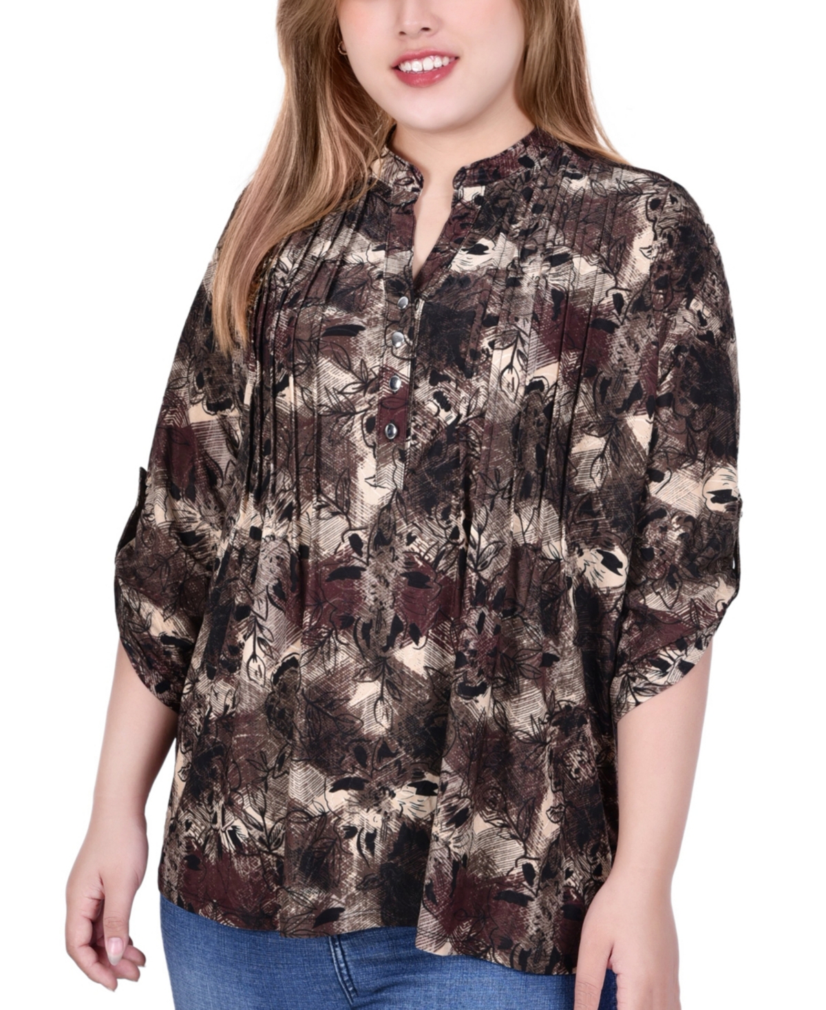 Click here for Plus Size 3/4 Roll Tab Sleeve Y-Neck Top - Taupe M... prices
