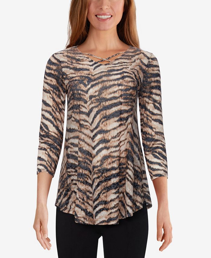 Ruby Rd. Plus Size Embellished Tiger Striped Printed Burnout Top - Macy's