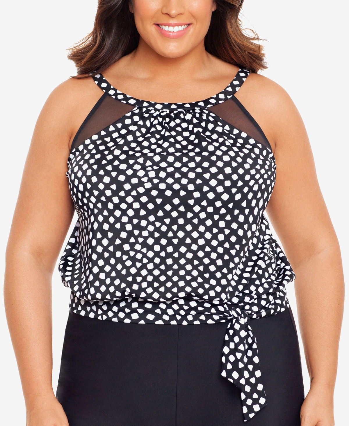 Swim Solutions Plus Size Mesh-Trim Blouson Tankini Top Women's Swimsuit ...
