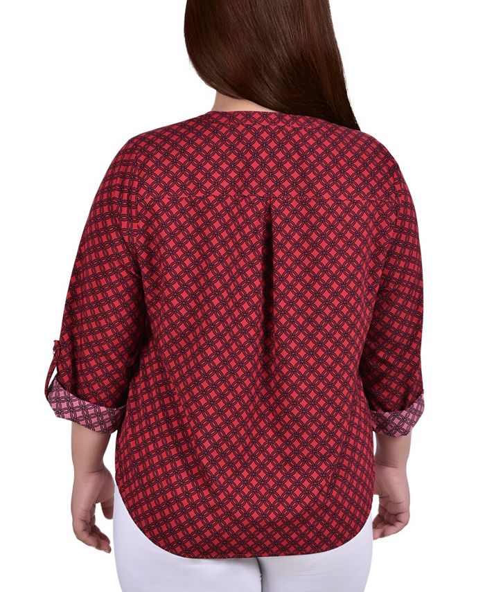 NY Collection Plus Size 3/4 Sleeve Roll Tab Y Neck Blouse - Macy's