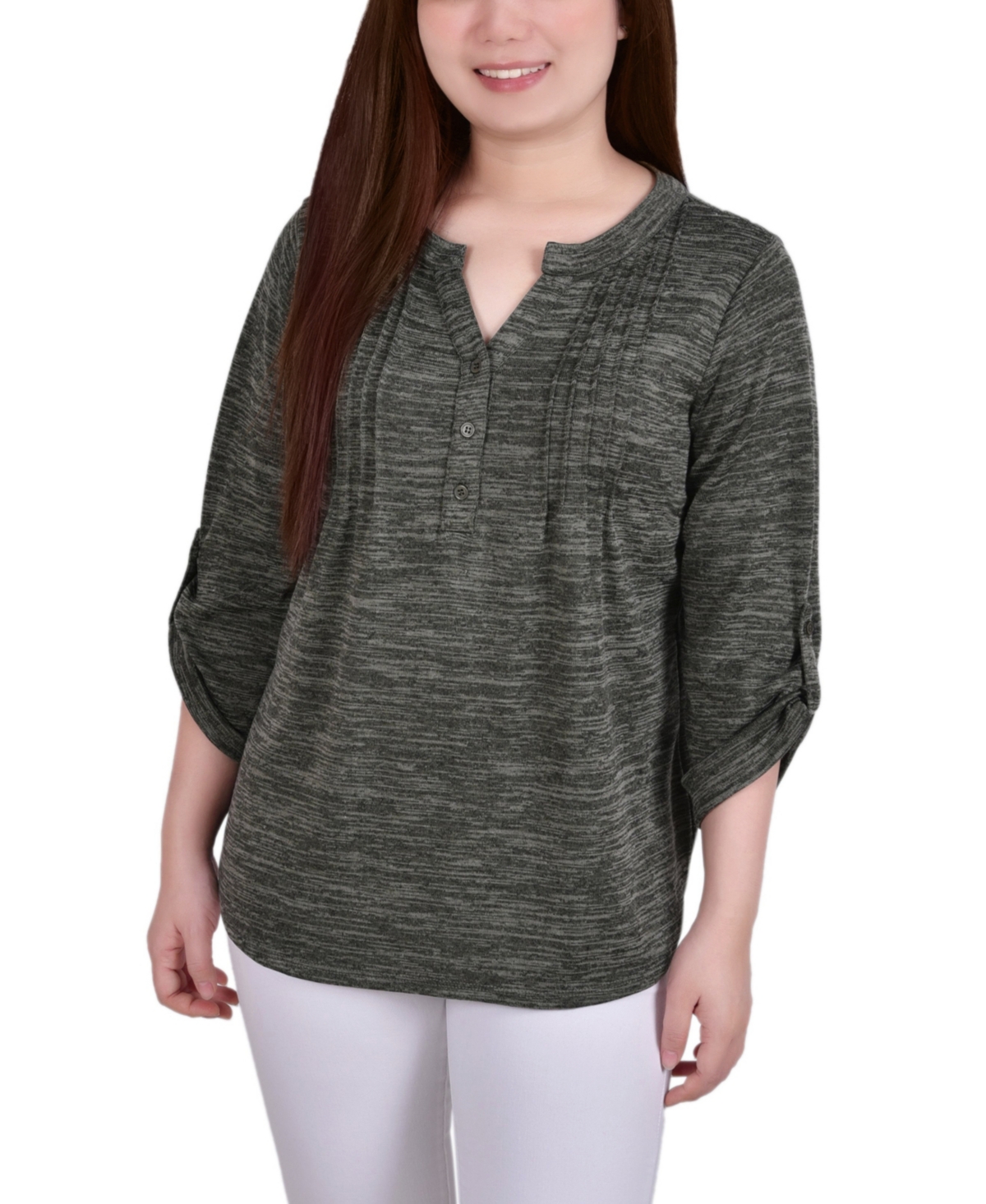 Click here for Ny Collection Petite 3/4 Roll Tab Sleeve Pintuck T... prices
