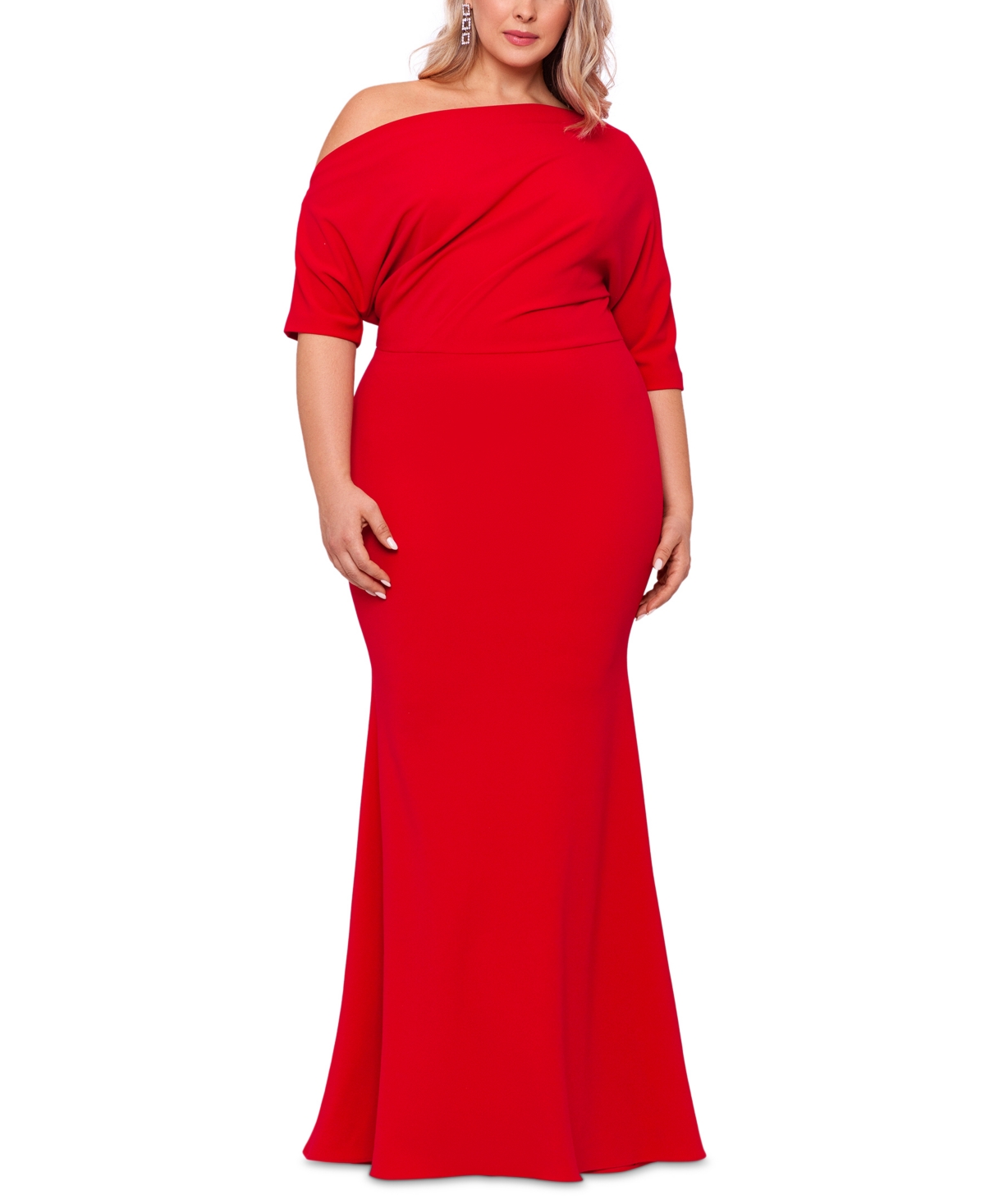 Click here for Betsy & Adam Plus Size Off-the-Shoulder Scuba Gown... prices