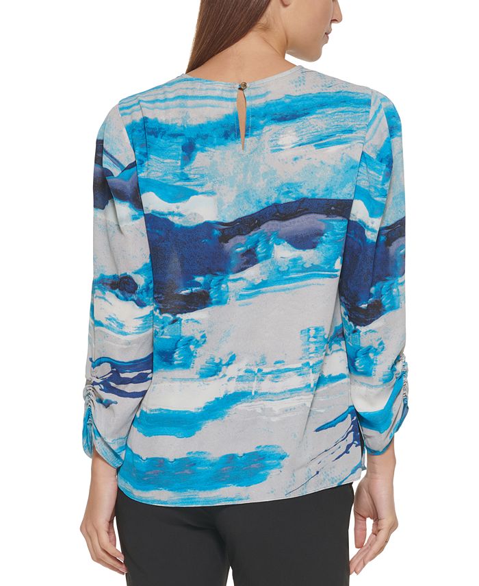 DKNY Printed Ruched-Sleeve Top - Macy's