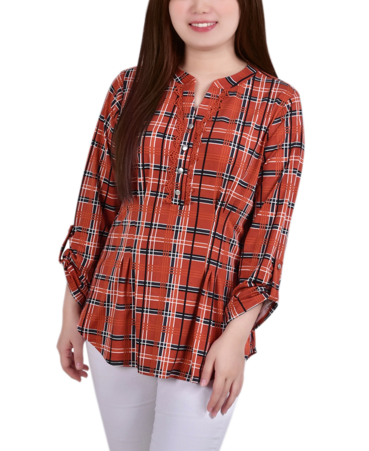 Click here for Petite Plaid Y Neck Top - Rust Plaid prices