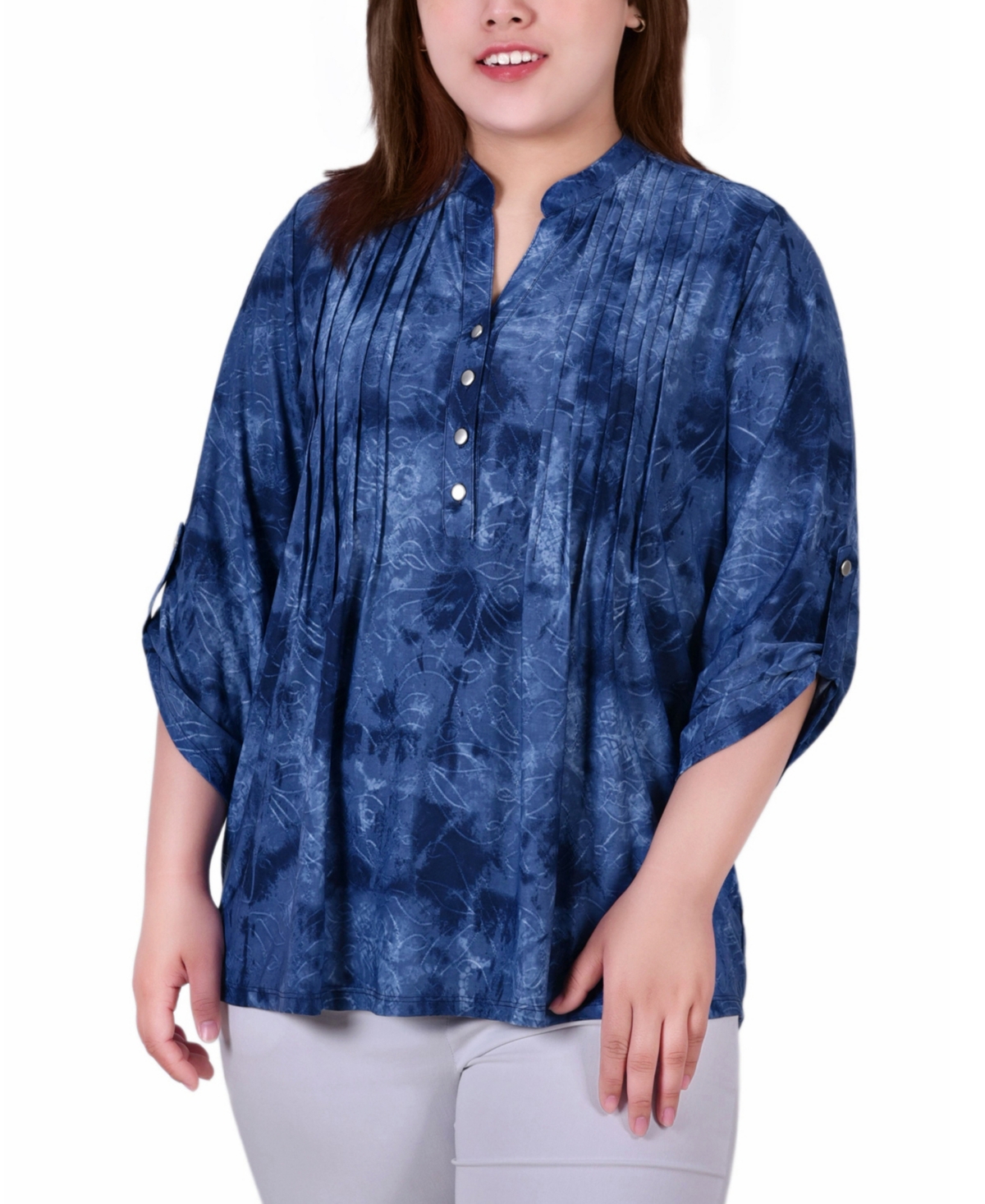 Click here for Plus Size 3/4 Roll Tab Sleeve Y-Neck Top - Denim T... prices