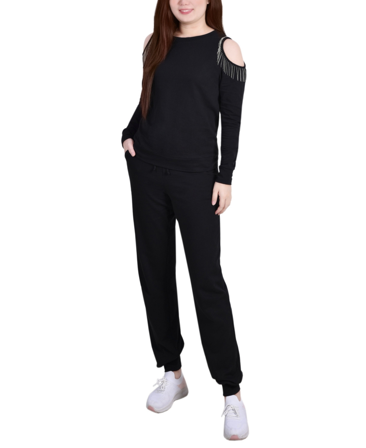 Click here for Womens Long Sleeve Cold Shoulder Jogger Set - Blac... prices