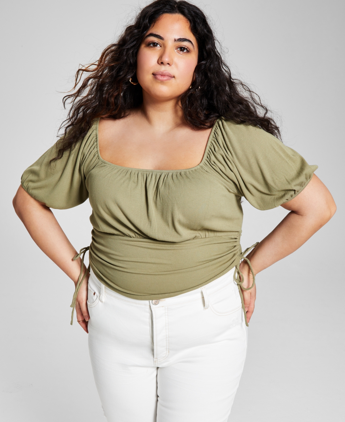 And Now This Trendy Plus Size Puff-sleeve Ruched Top In Almond | ModeSens
