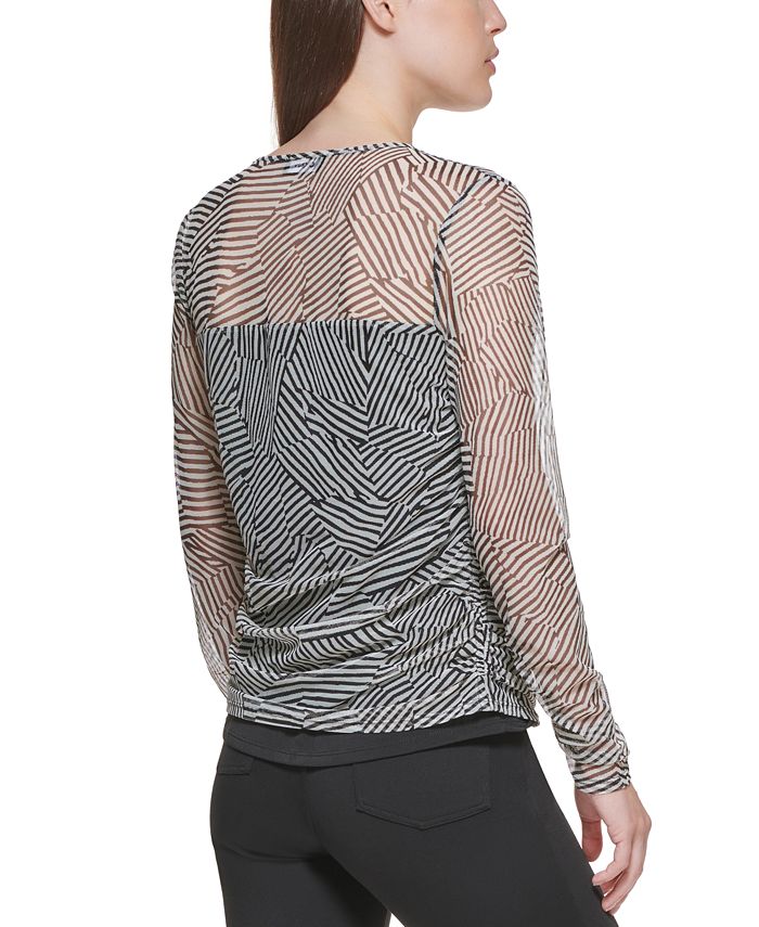 DKNY Printed Mesh Ruched Top - Macy's
