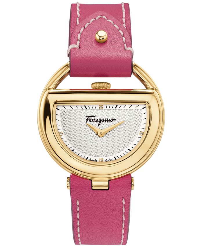 Ferragamo Women's Swiss Buckle Diamond Accent Fuchsia Leather Strap ...