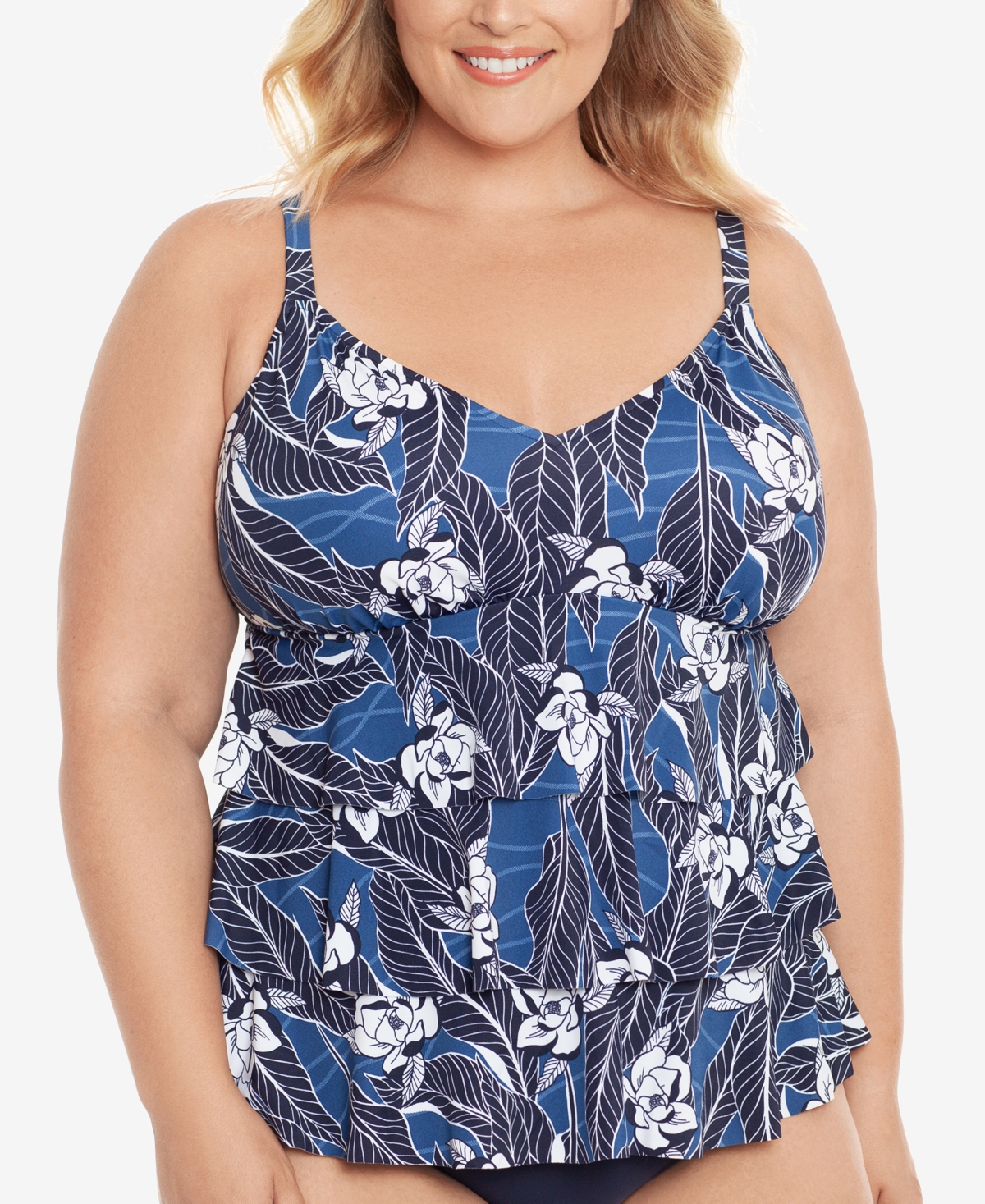 Swim Solutions Plus Size Printed Triple Tiered Tankini Top Swim Bottoms