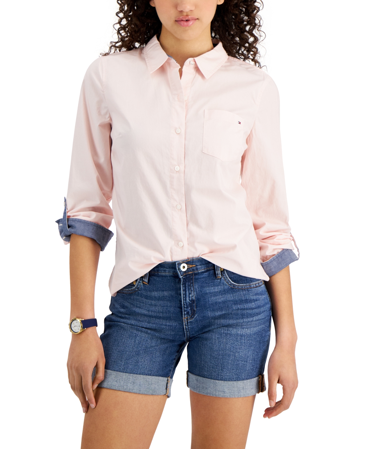 Tommy Hilfiger Womens Cotton Roll-Tab Button-Up Shirt - Ballerina Pink
