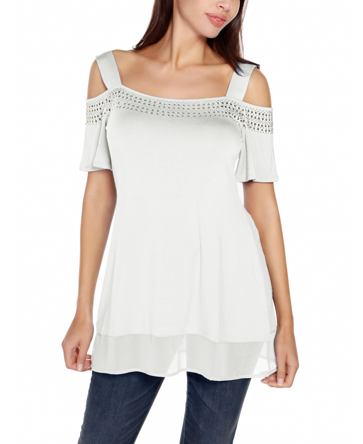 Click here for Belldini Womens Embellished Cold-Shoulder Top - Wh... prices