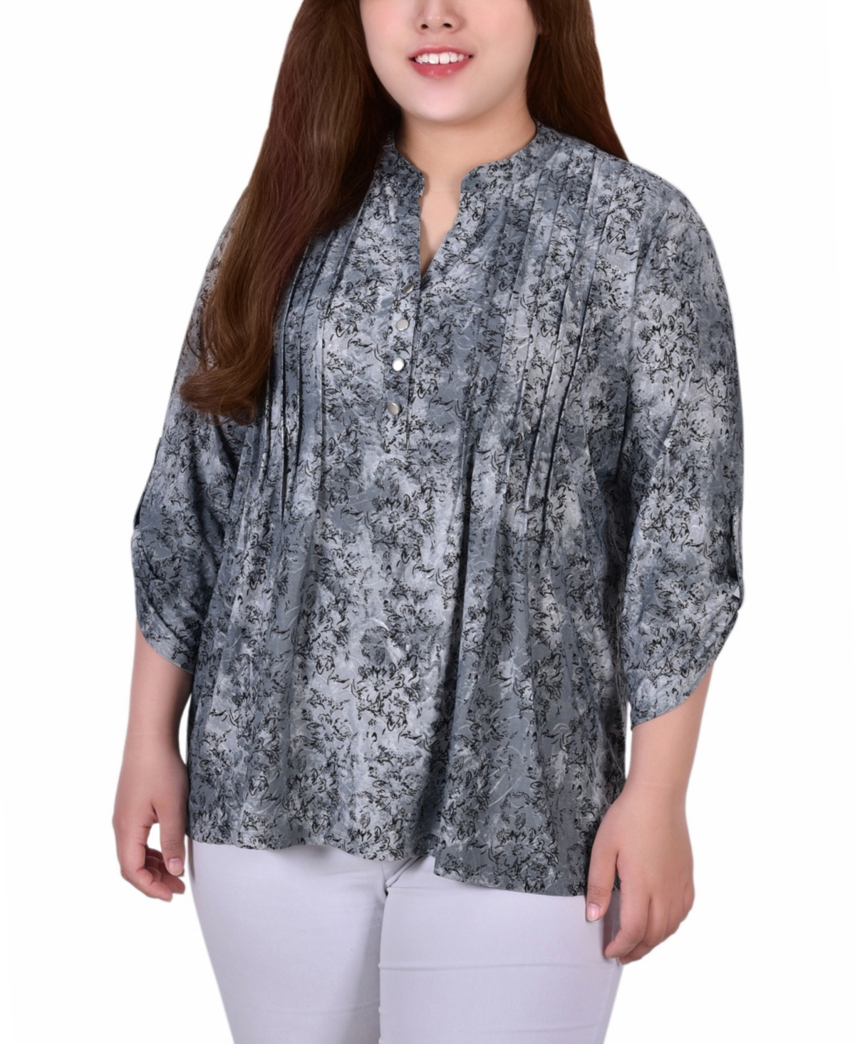 Click here for Plus Size 3/4 Roll Tab Sleeve Y-Neck Top - Gray Fl... prices