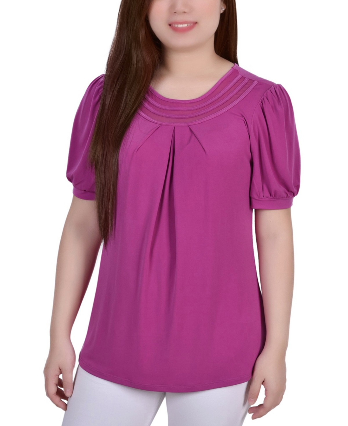 Click here for Womens Short Puff Sleeve Sheer Inset Top - Magenta prices