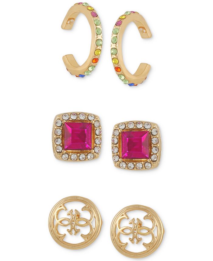 GUESS Gold-Tone 3-Pc. Set Pavé Crystal Earrings & Ear Cuffs - Macy's