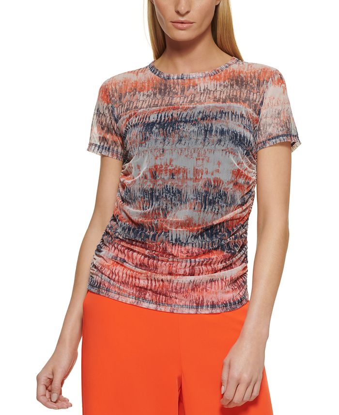 DKNY Women's Printed Side-Ruched Mesh Top - Macy's