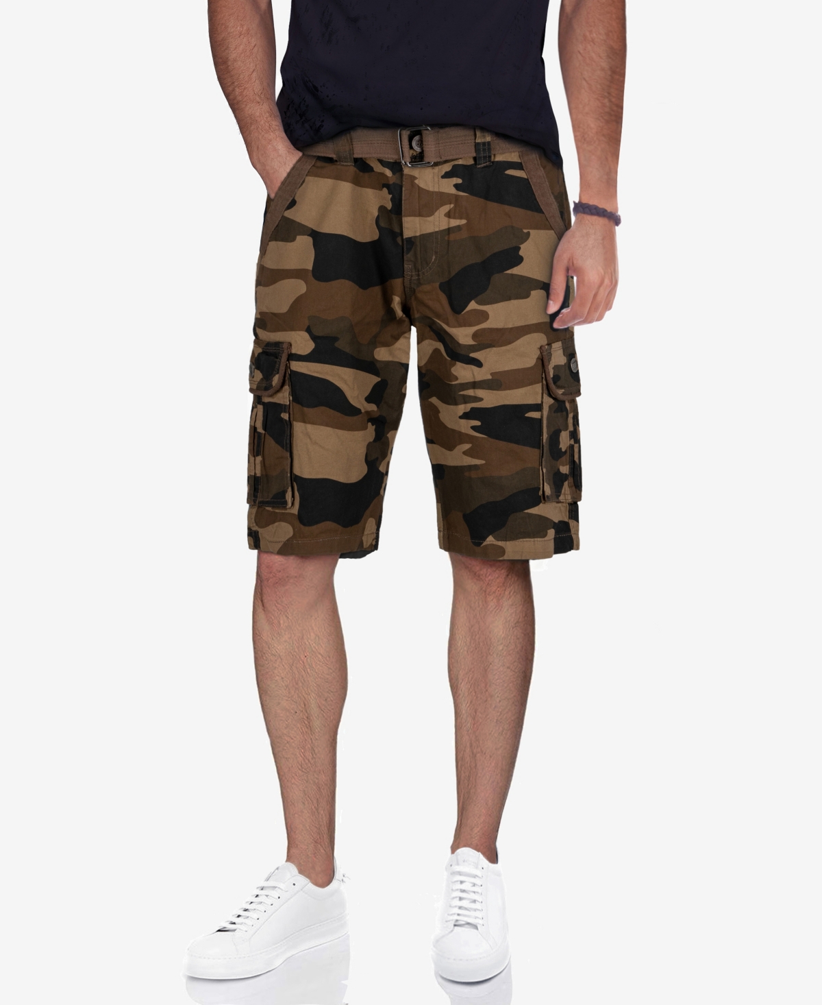 Click here for Mens Belted Twill Tape Cargo Shorts - Brown camo prices