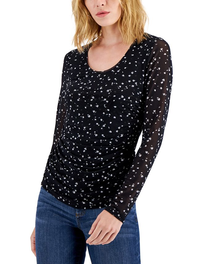 INC International Concepts Women's Printed Side-Ruched Mesh Top ...