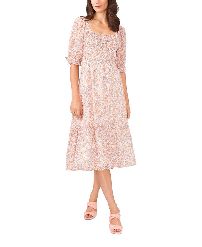 1.STATE Women's Printed Puff Short Sleeve Smocked Bodice Dress - Macy's