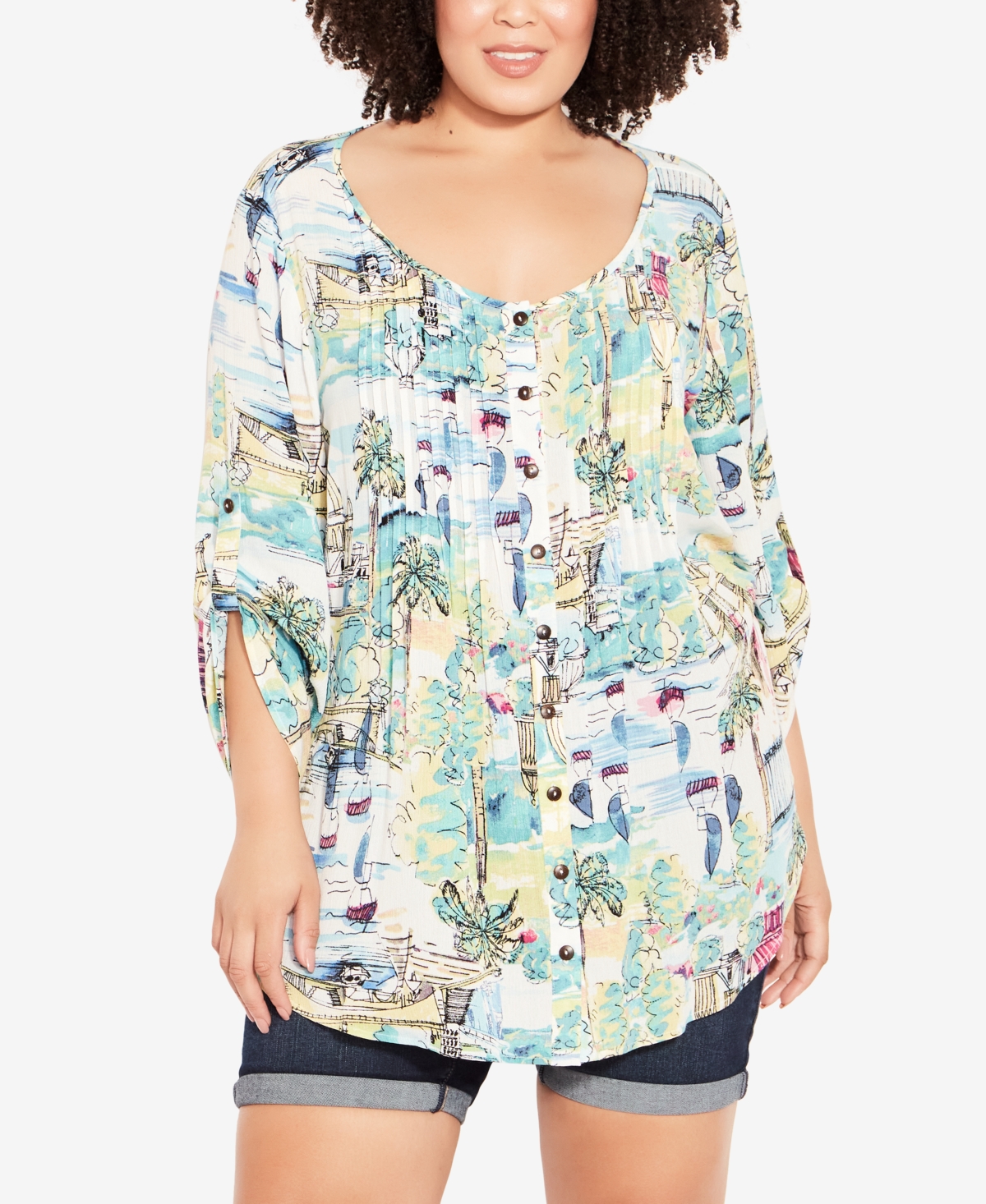Avenue Plus Size Sandy Pintuck Print Shirt | Smart Closet