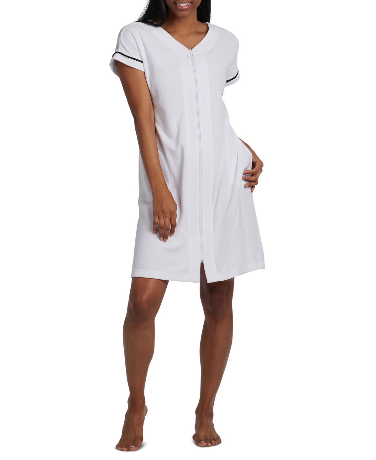 Miss Elaine Plus Size Short-sleeve Zipper Robe In White | ModeSens
