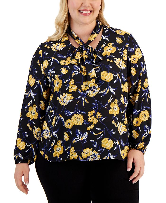 Kasper Plus Size Floral-Print Tie-Neck Blouse, Created for Macy's - Macy's
