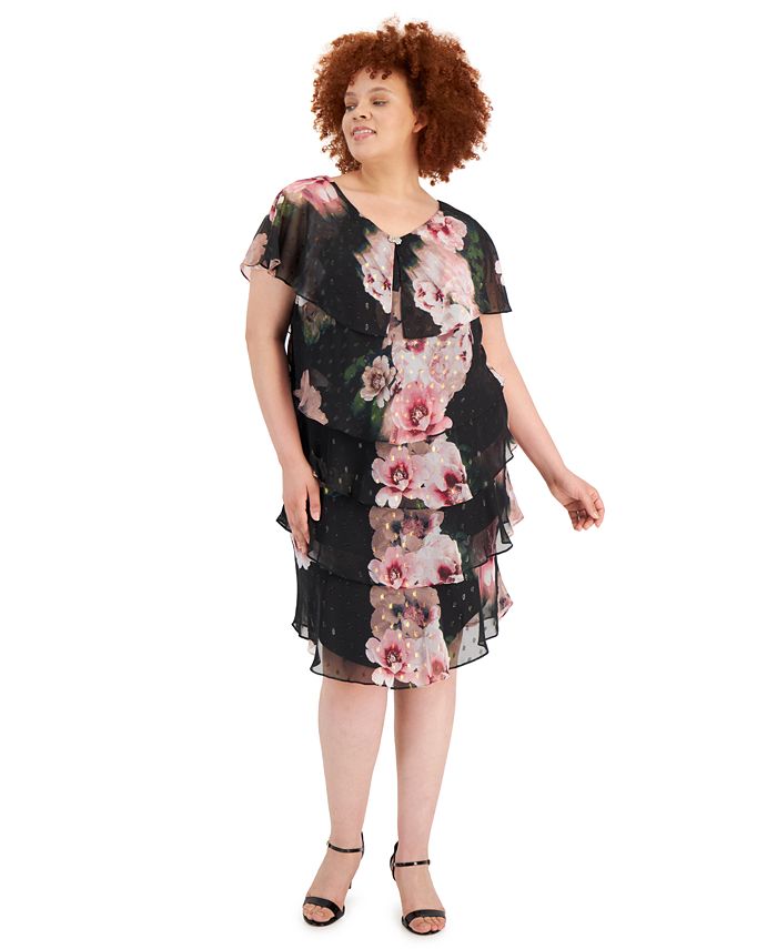 Sl Fashions Plus Size Floral Print Tiered Embellished Neck Dress Macys