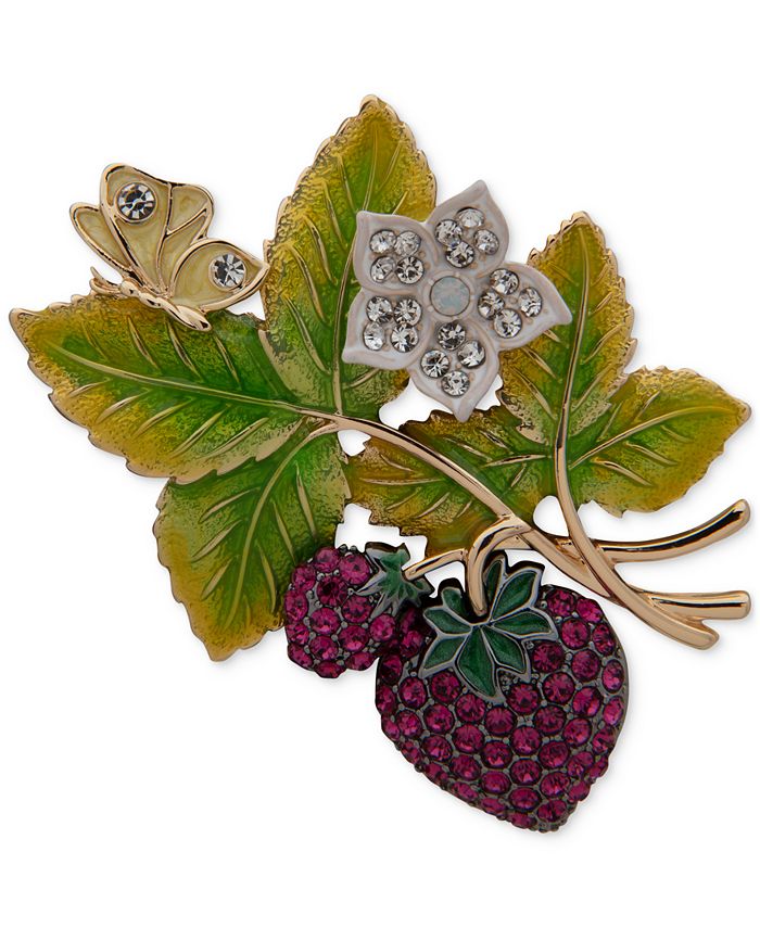 Anne Klein Gold-Tone Color Pavé Strawberry Plant Pin - Macy's