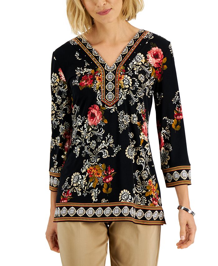 JM Collection Women's Floral Rhinestone-Trim Tunic, Created for Macy's ...